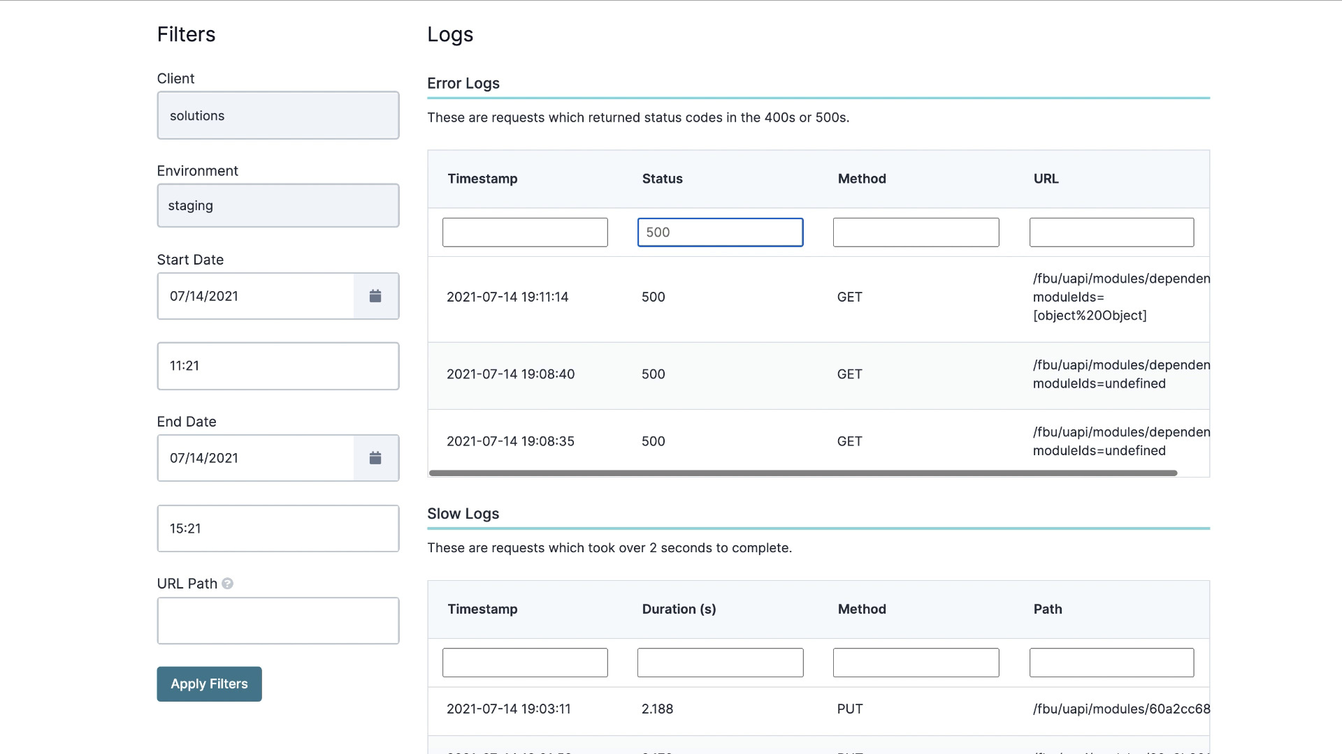 Demo: Logs Dashboard | Unqork Enterprise Application Development Platform